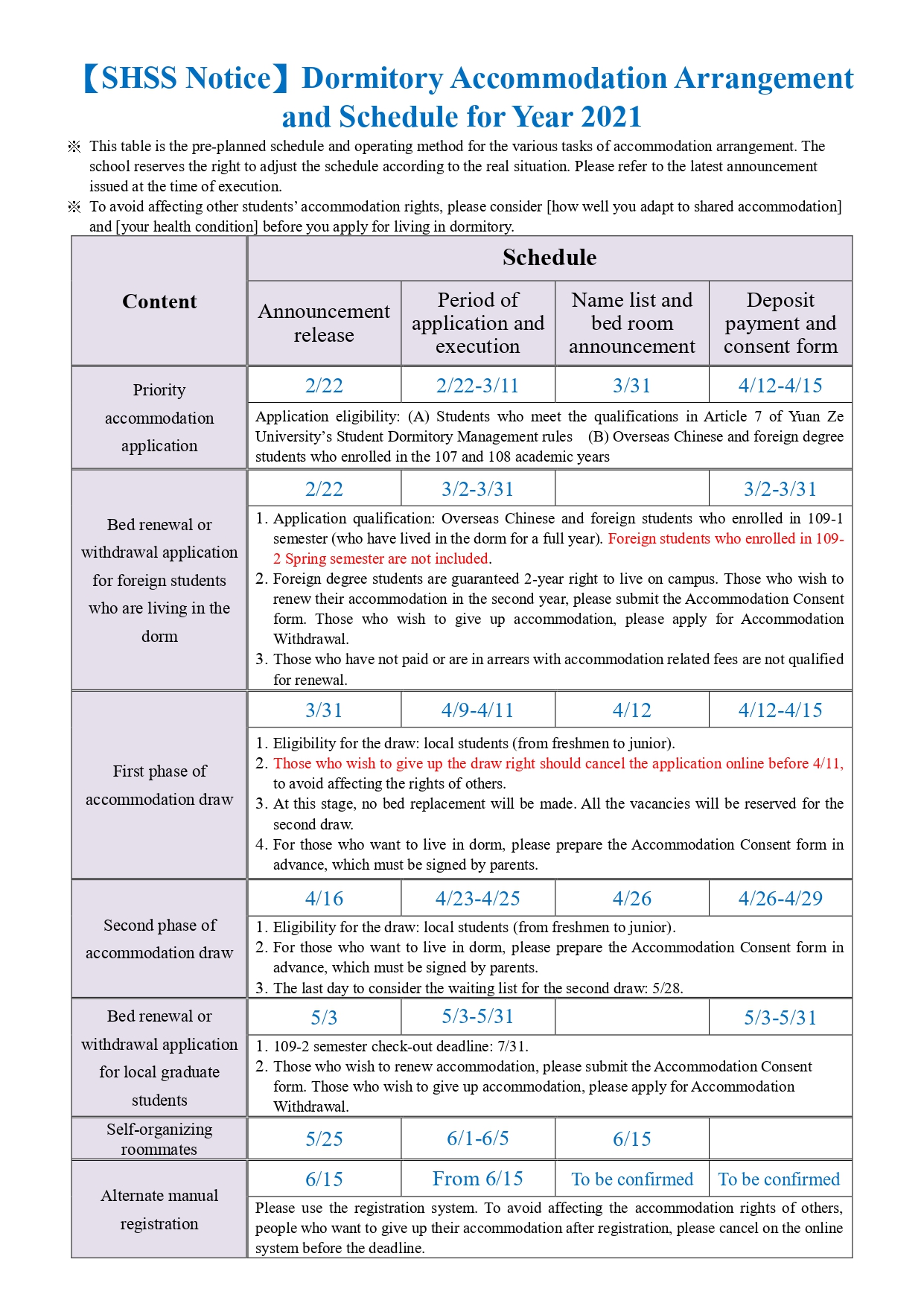 元智大學 Yuan Ze University - 學務處 - Dormitory Accommodation Arrangement and ...